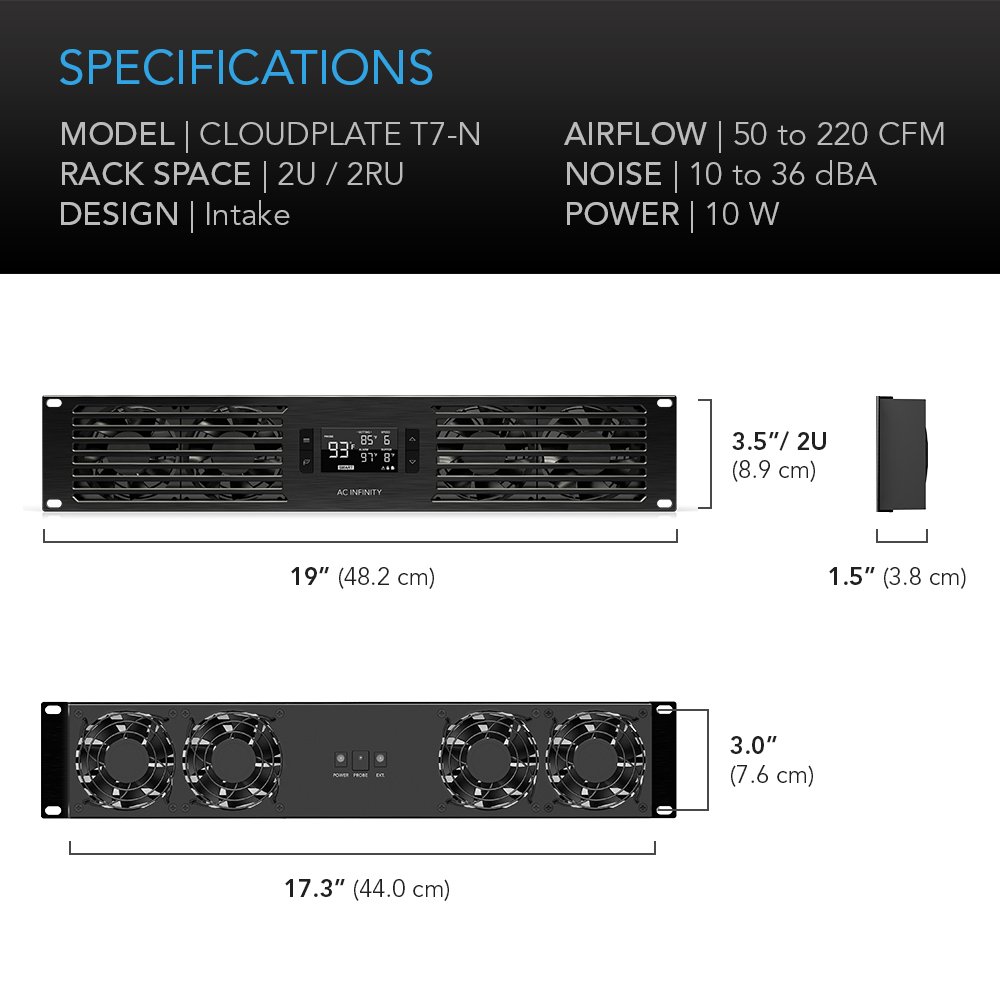 AC Infinity CLOUDPLATE T7-N, Rack Mount Fan Panel 2U, Intake Airflow, for Cooling AV, Home Theater, Network 19β Racks