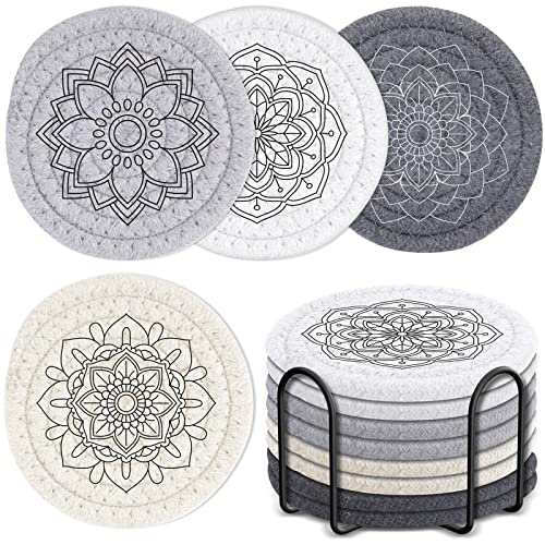 8 Pieces Coasters for Drink Absorbent, Billbotk Mandala Drink Coasters with Holder, Woven Coasters Set for Coffee Table, Wooden Table and Home Decor, 4.3 Inches