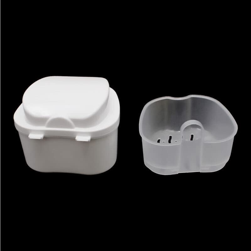 AmeriCan Goods Denture Bath Box with Denture Cleaner Brush Denture Bath Case with Rinsing Basket Tray Container (White)