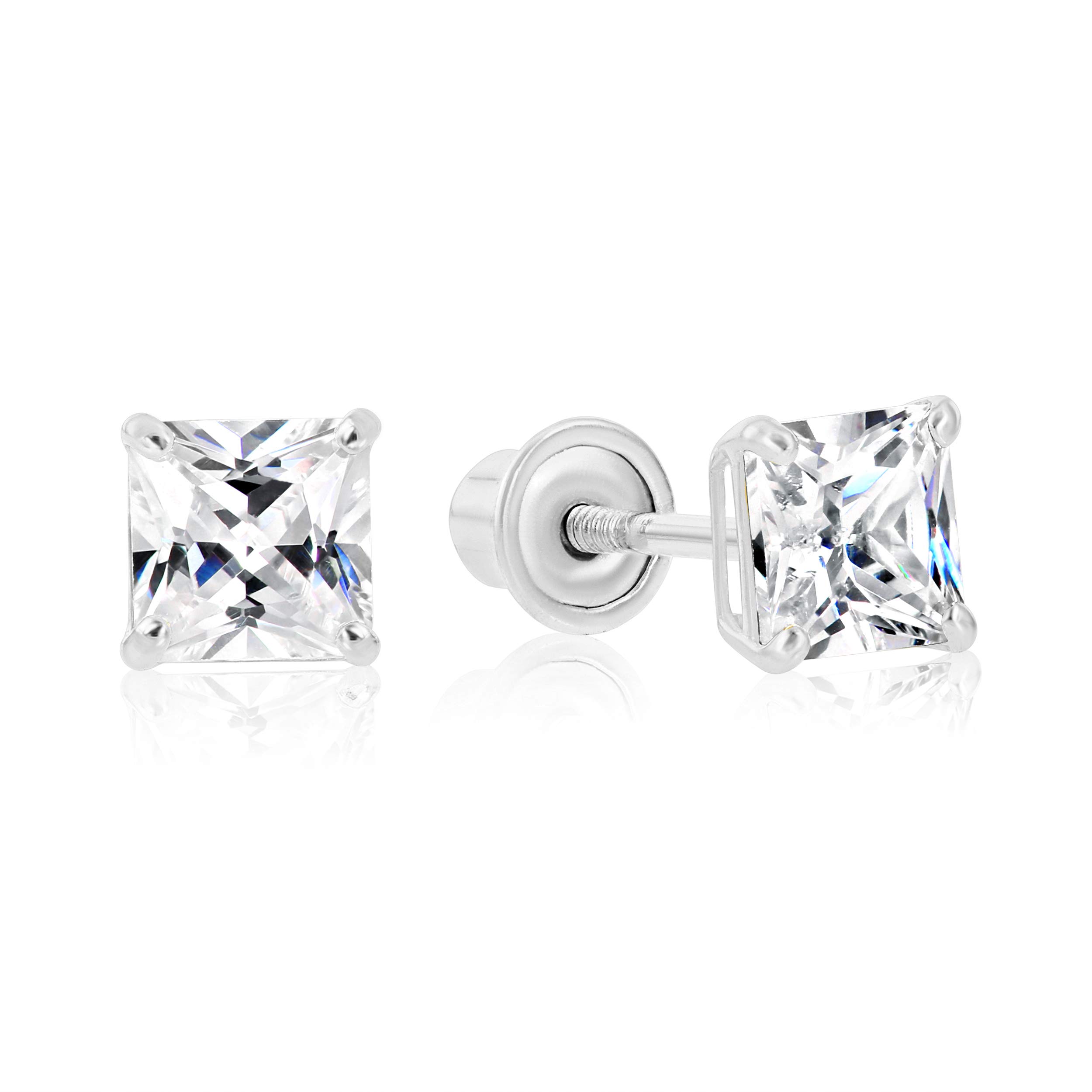 14k White Gold Solitaire Square Princess-cut CZ Stud Earrings with Secure Screw-backs (4mm)…