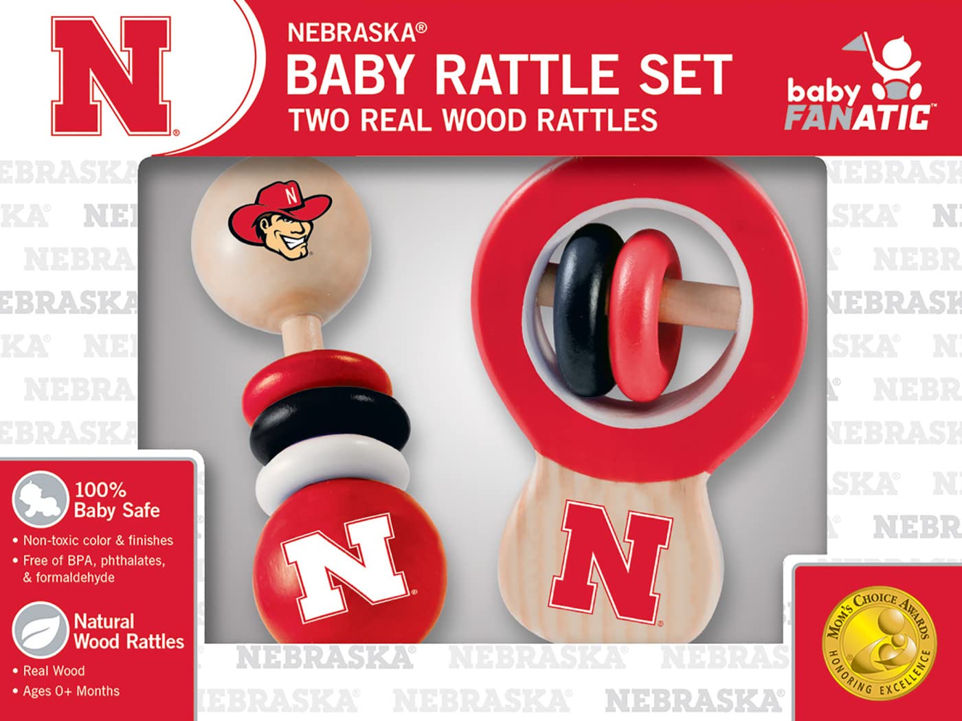 BabyFanatic Wood Rattle 2 Pack - NCAA Nebraska Cornhuskers - Officially Licensed Baby Toy Set