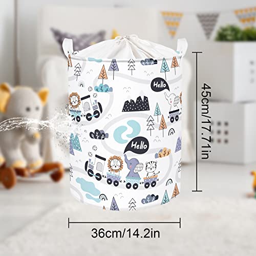 Clastyle 45L Urban Traveling Animals Elephant Nursery Laundry Basket Lion Tiger Train Round Toy Clothes Storage Basket for Kindergarten, 14.2x17.7 in