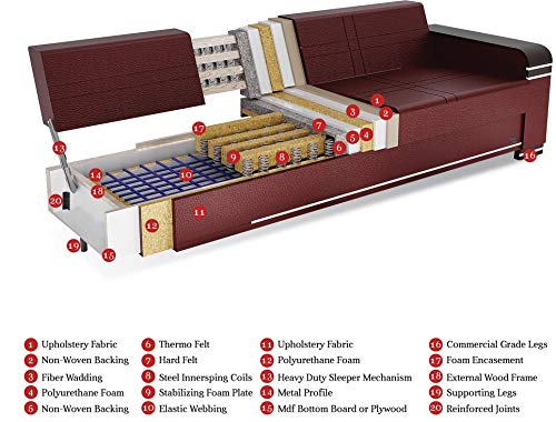 BEYAN Rochester Collection Upholstered Convertible Love Seat with Storage Space, Includes 2 Pillows, Dark Brown