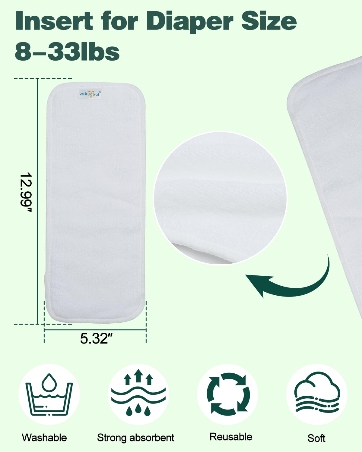 Babygoal Reusable Cloth Diaper Inserts Pack of 12, Absorbent & Breathable Liners, 3-Layer Microfiber Inserts for Cloth Diapers 12T