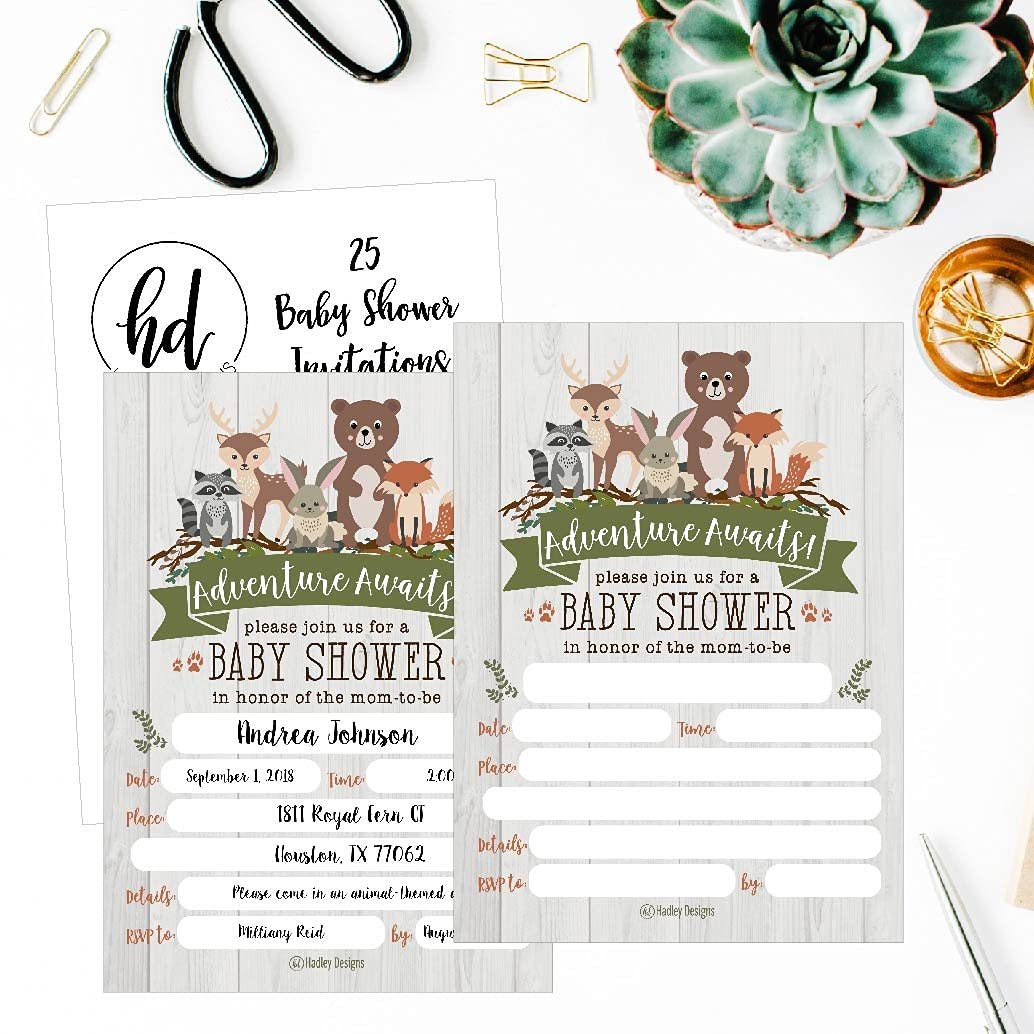 Hadley Designs - Rustic Woodland Animals Baby Shower Invitations, Book Request Baby Shower Guest Book Alternative, Diaper Raffle Tickets - 25 Cards