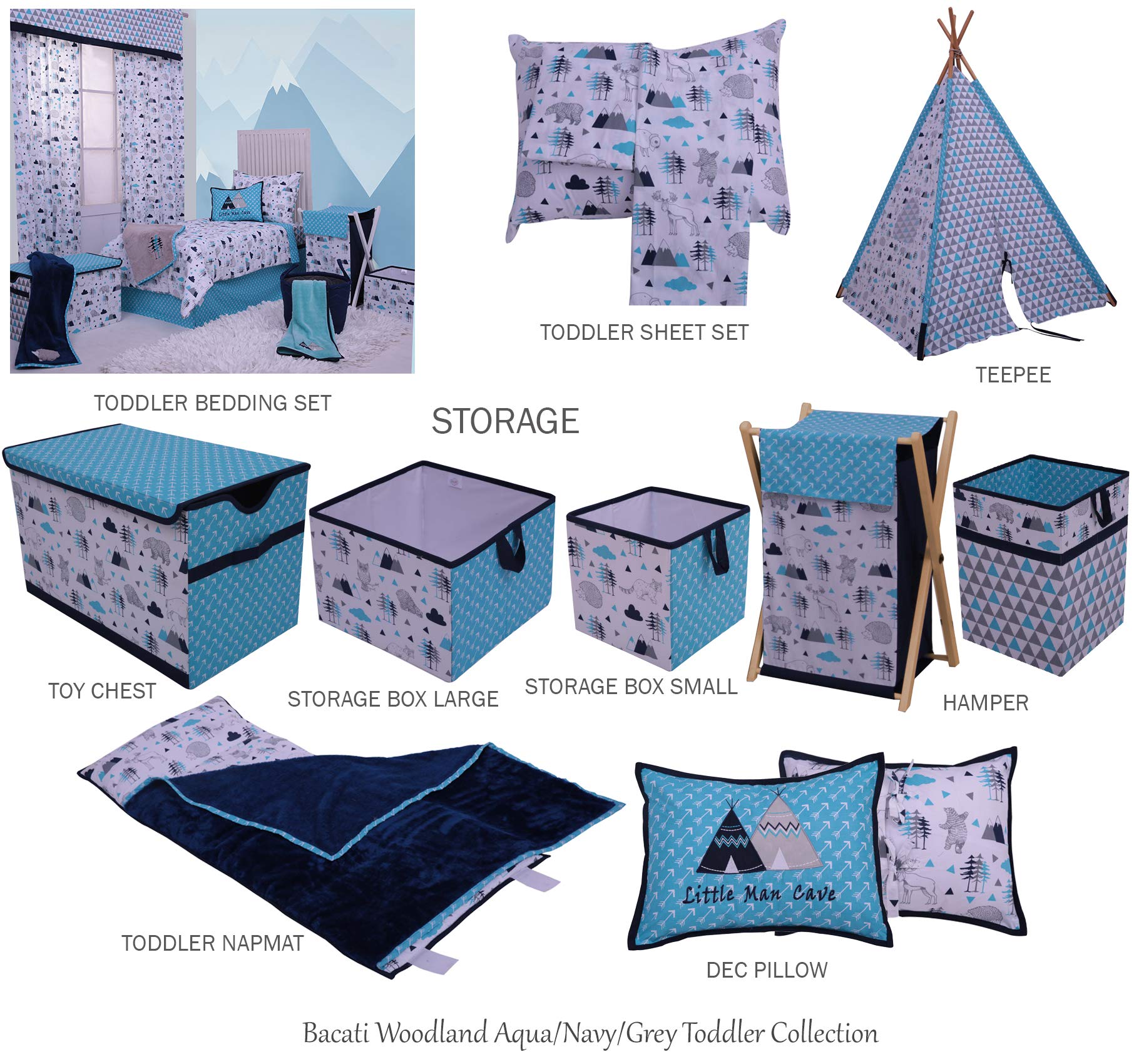 Bacati - 2 Pack Woodlands Bears Bison Owls Printed Boys 100% Cotton Universal Baby US Standard Crib or Toddler Bed Fitted Sheets (Aqua/Navy/Grey)