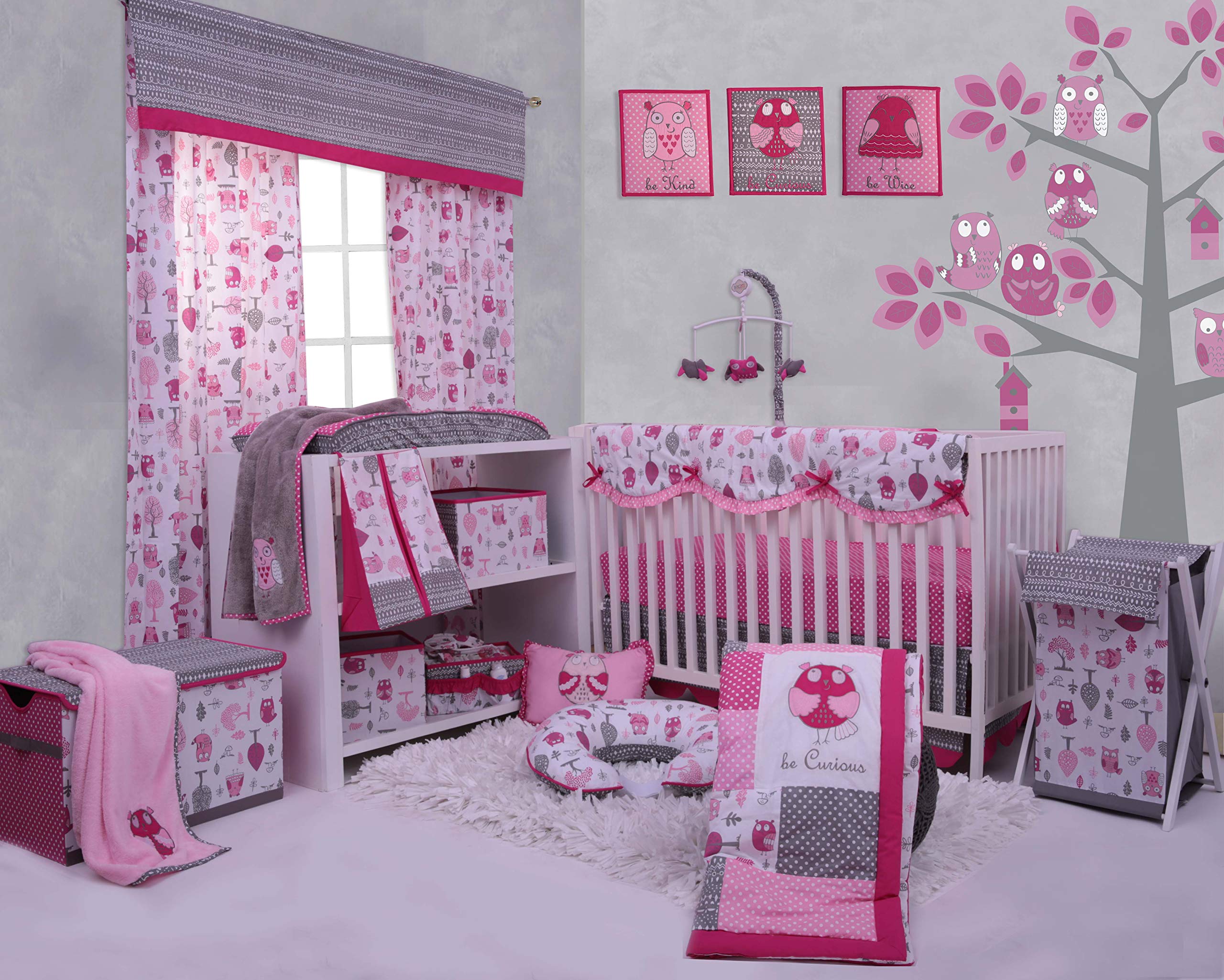 Bacati Owls Pink Dots Girls Cotton Changing Pad Cover, Pink/Grey