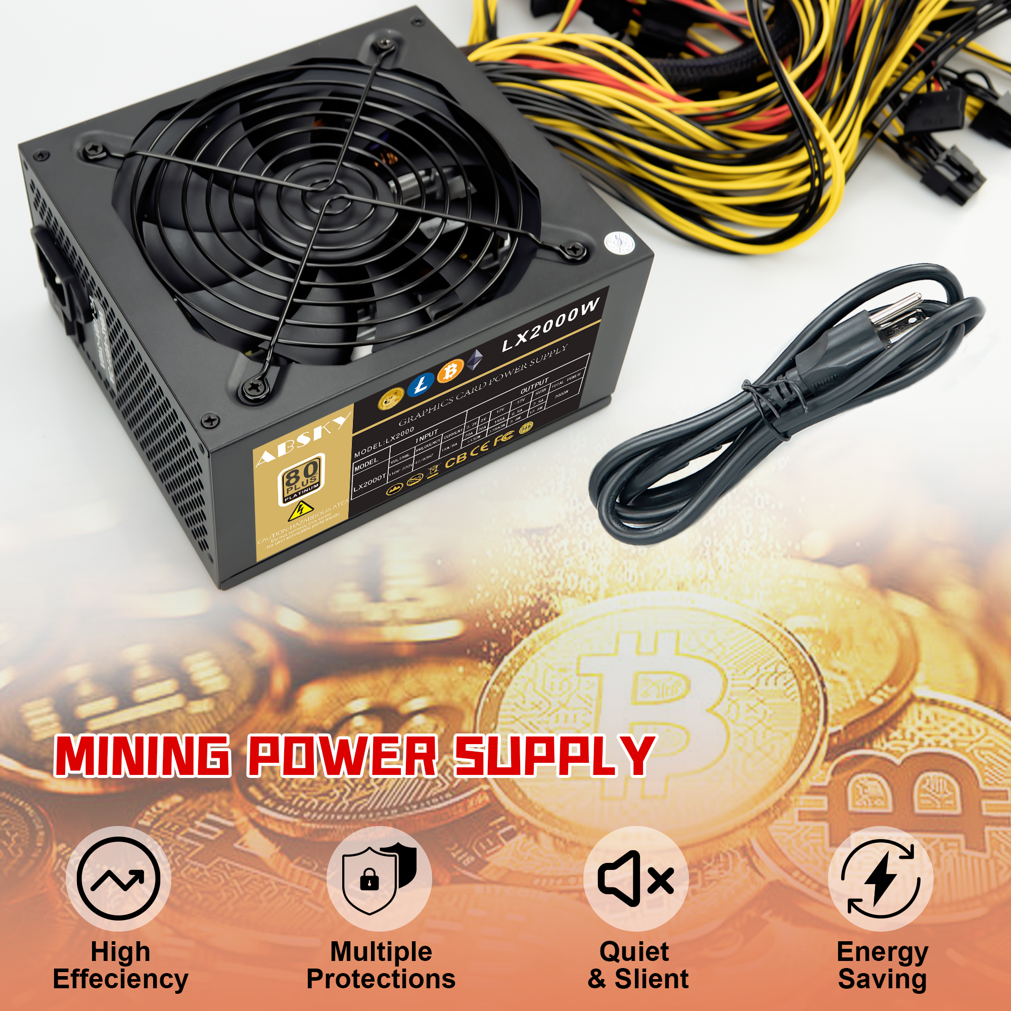 2000W Mining Power Supply PSU, ABSKY Mining Rig PSU ATX PC Power Supply for 8 GPU ETH Rig Ethereum Miner, Mining Machine Power Supply with Adapter Cable