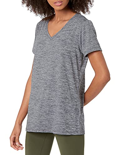 Amazon Essentials Women's Tech Stretch Short-Sleeve V-Neck T-Shirt (Available in Plus Size), Pack of 2, Black/Dark Grey Space Dye, Medium