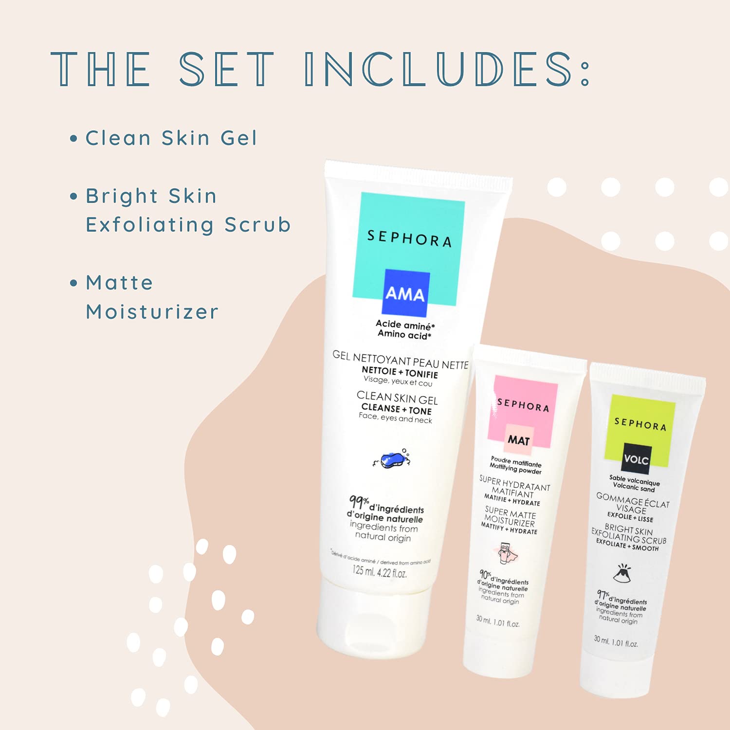 Sephora The Clarifying Kit - Clean Skin Gel Cleanser Toner, Super Matte Hydrating Moisturizer, Bright Skin Exfoliating Smoothing Scrub