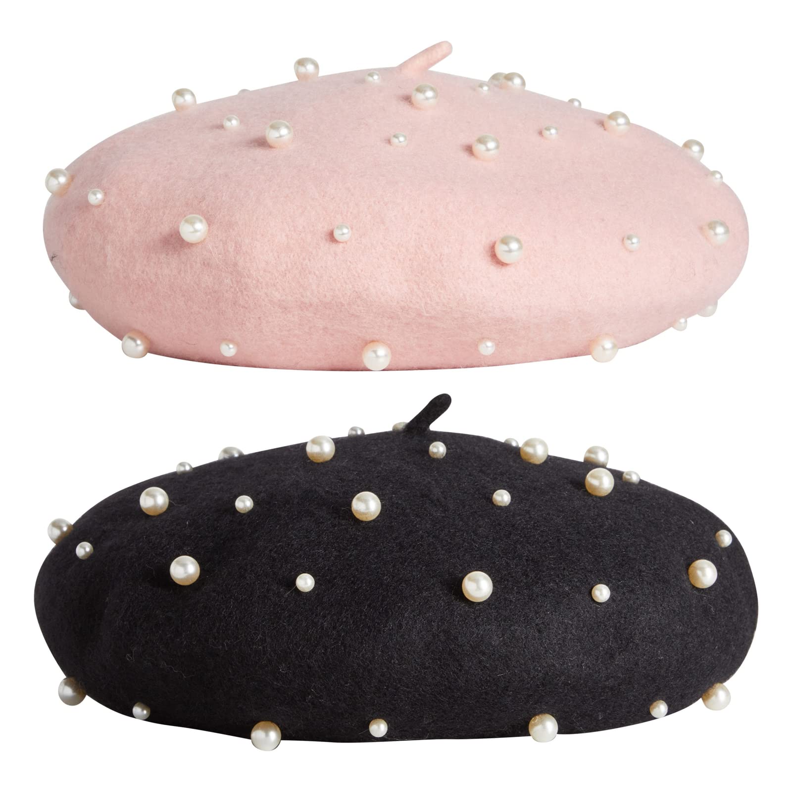 2 Pack Pearl Beret Hats for Women, Black and Pink Wool (11 Inches)