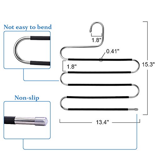 8pcs Pants Hangers S-Type Jeans Trousers Hangers Stainless Steel Clothes Hangers Closet Space Saving for Pants Jeans Scarf Organizer (Black with 10 Clips)