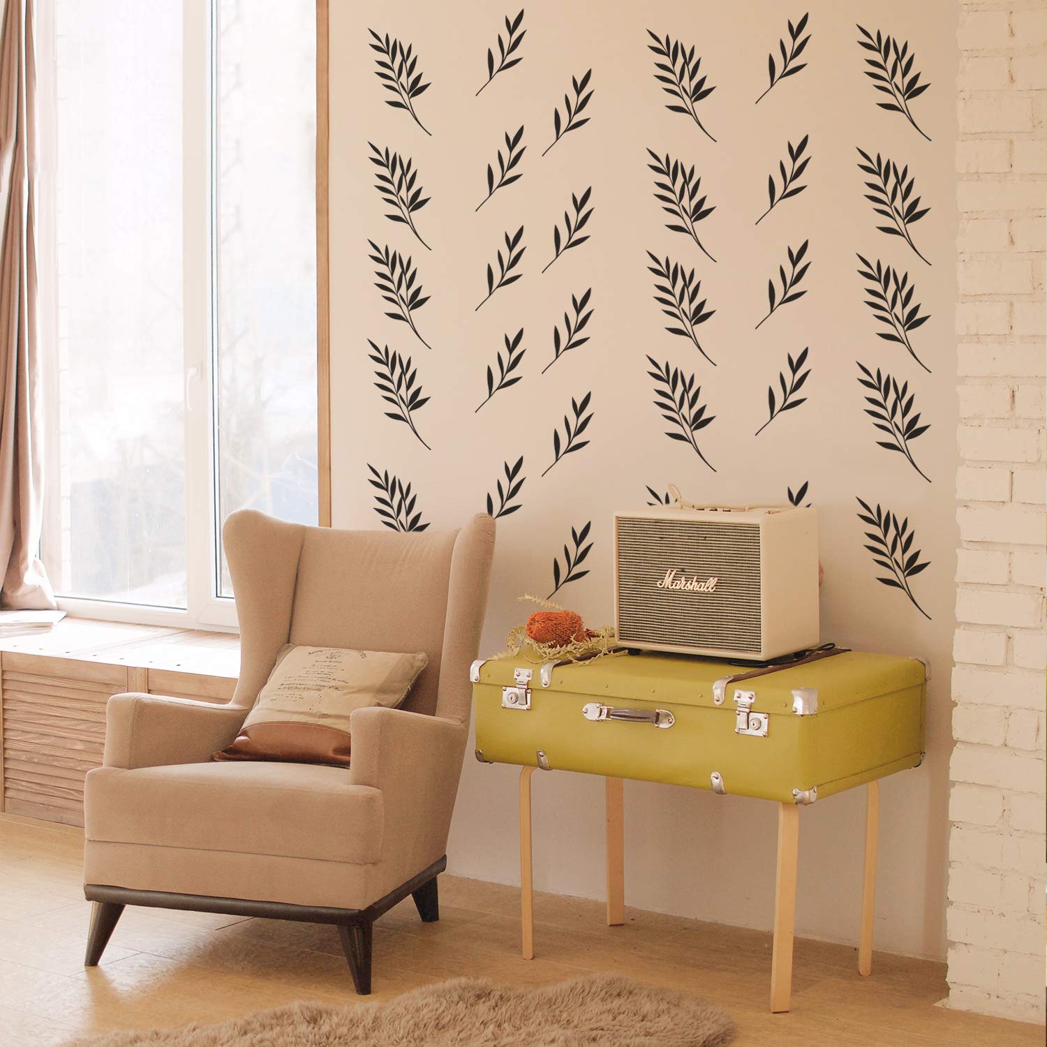 Set of 24 Vinyl Wall Art Decal - Palm Leaves Pattern - from 9" x 4" Each - Minimal Adhesive Sticker Nature Green Design for Home Bedroom Living Room Classroom Office Coffee Shop Store Decor (Black)