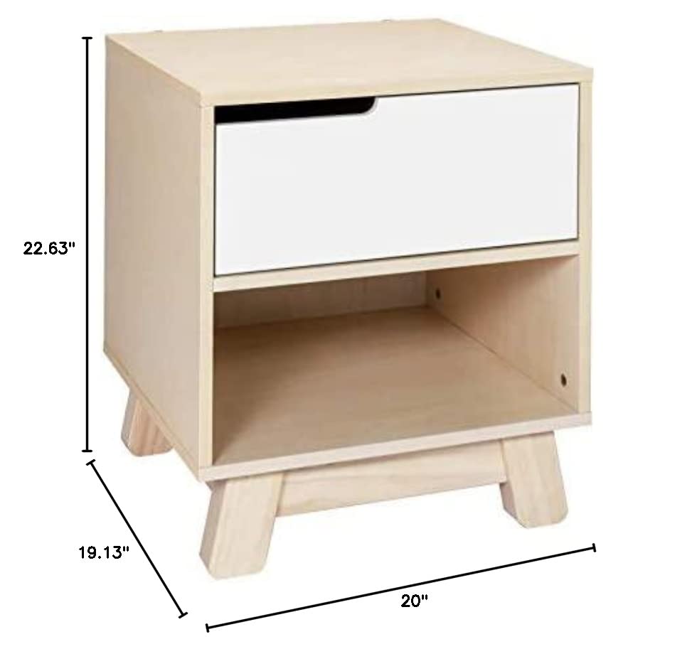 Babyletto Hudson Nightstand with USB Port in Washed Natural and White, 1 Drawer and Storage Cubby