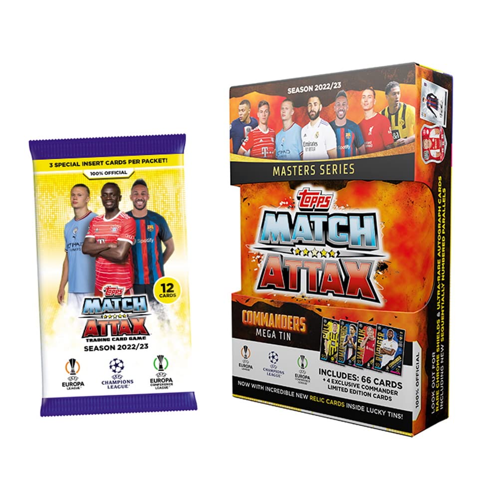 2022-23 Topps Match Attax Champions League Cards - Commanders Mega Tin + Bonus Pack (82 Cards + 4 LE)