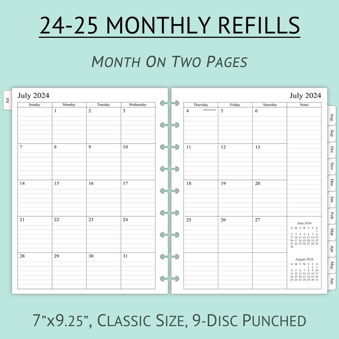 2023 2024 Monthly Planner Refills for Happy Planner, 14 Months from November 2023 to December 2024-9 Discs Punched, Classic Size, 7" x 9-1/4"
