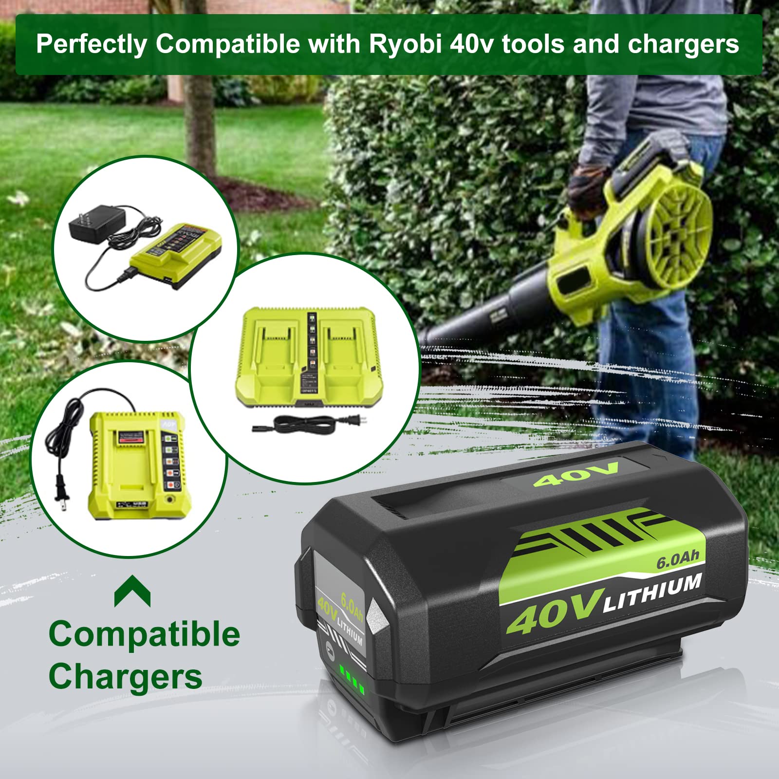 6000mAh OP4026 40 Volt Lithium Replacement Battery Compatible with Ryobi 40V Battery OP4050A OP40601 OP4040 OP4030 OP4050 OP40261 OP40201 OP40401 Cordless Tools with LED Indicator (Green) (2 PACK)