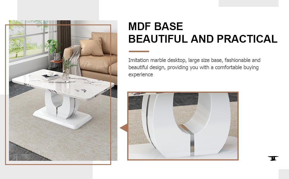48’’ Modern Faux Marble Dining Table for 8, Large Rectangular Dining Room Table with White O-Shaped Bracket, Minimalist Kitchen Table for Restaurant, Meeting Room, Marble-Inspired Desktop
