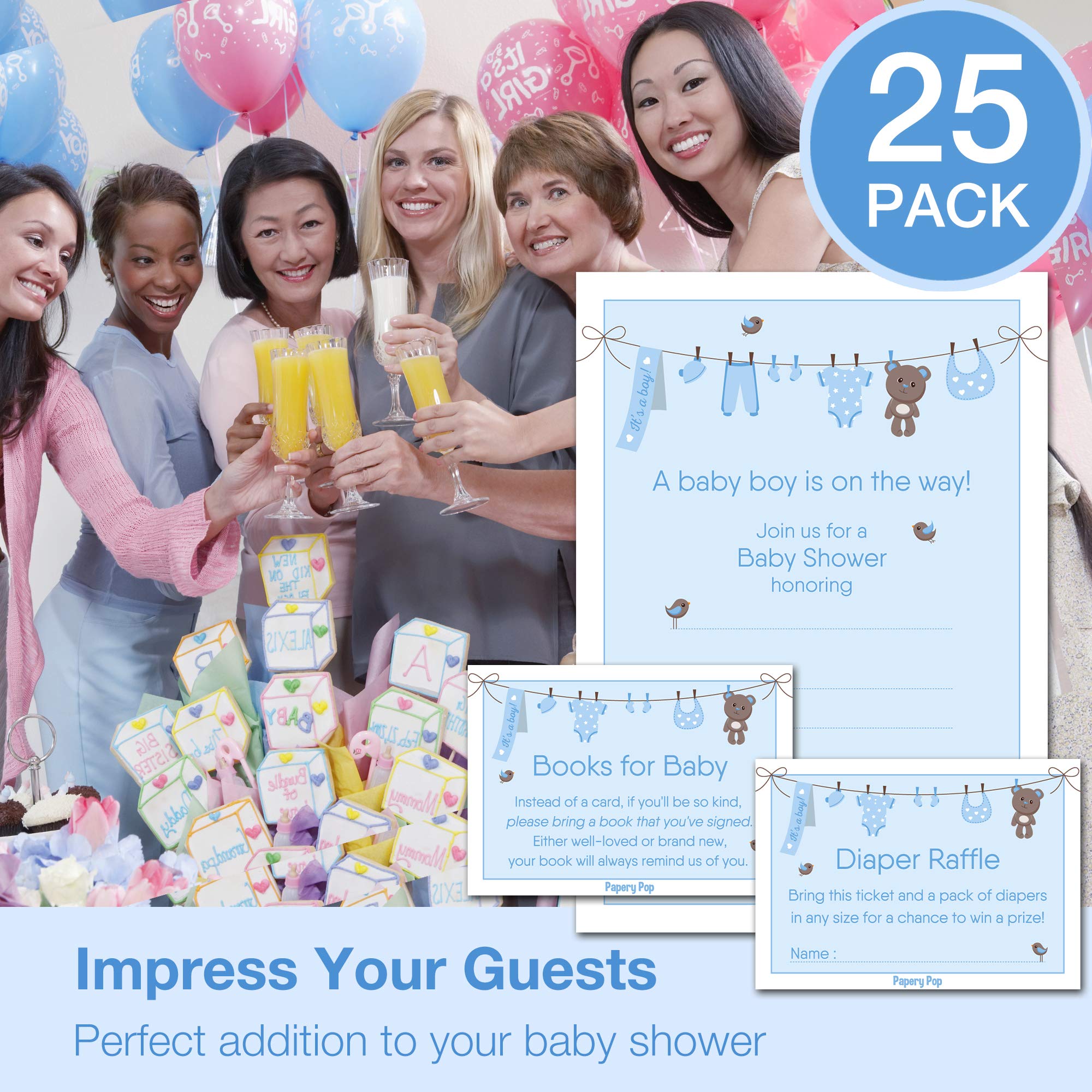 Set of 25 Baby Shower Invitations for Boy with Envelopes, Diaper Raffle Tickets and Baby Shower Book Request Cards