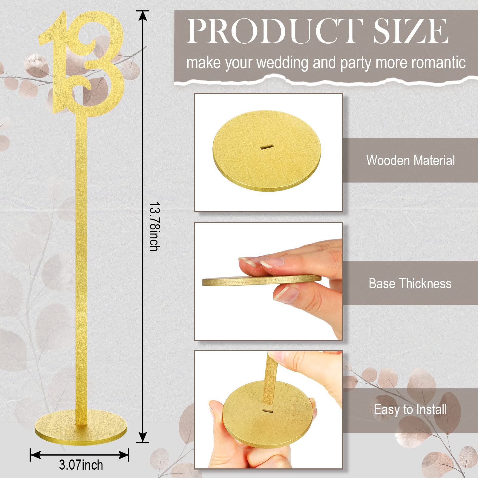 20 Pcs Table Numbers Wedding Table Numbers Wood Table Numbers for Wedding Reception Stands Seat Numbers with Holder Base Table Numbers for Wedding Party Event Catering, 1-20 (Gold)