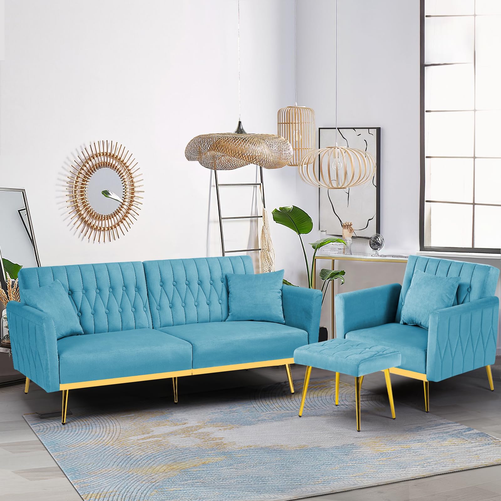 ACMEASE 2 Pieces Velvet Sofa Set with Adjustable Armrest and Backrest, 70” Convertible Futon Sofa Bed & Mordern Accent Chair with Ottoman for Living Room, Bedroom, Yellow