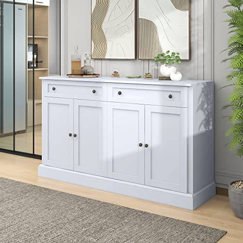 60β Large Storage Cabinet Buffet Sideboard with 2 Drawers & 4 Doors, Wood Console Table Entryway Cupboard with Adjustable Shelves, Kitchen Dining Room Living Room Furniture Organizer (White-4)