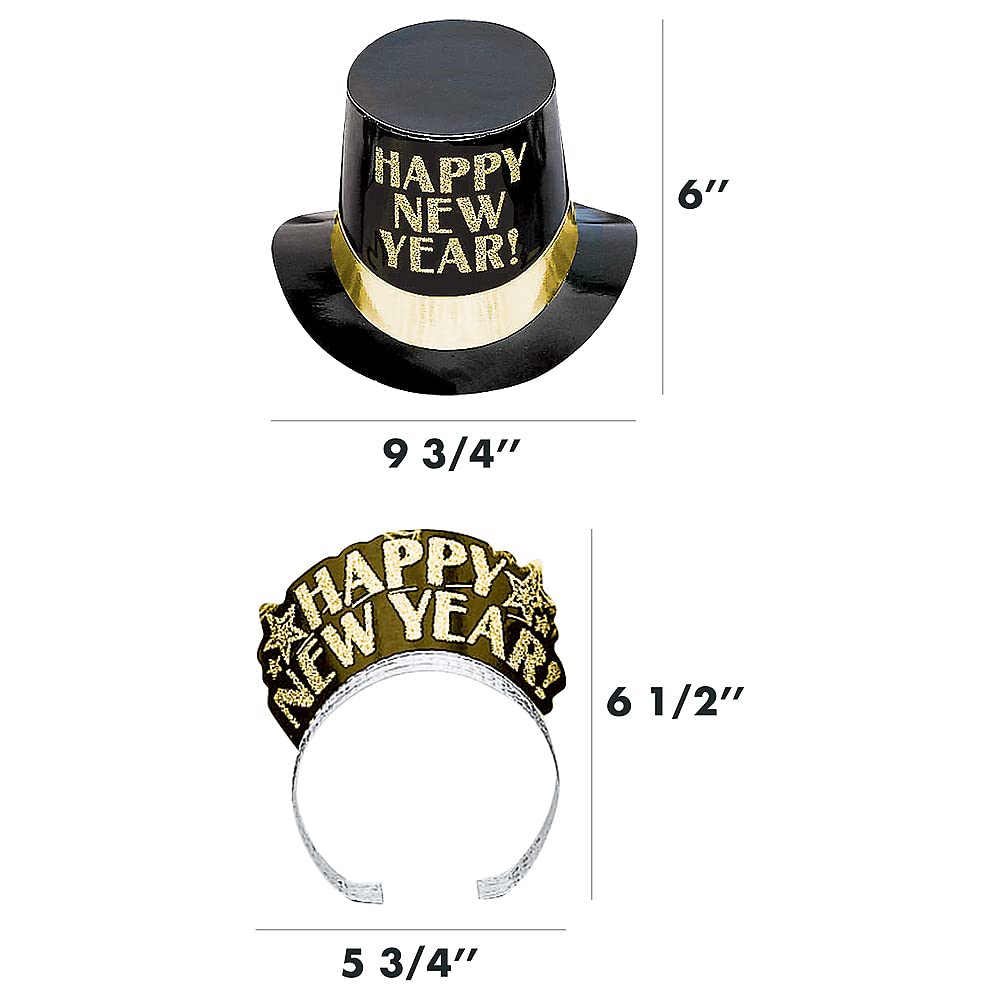 amscan Midnight Elegance Black, Gold and Silver 2025 New Year's Eve Party Decorations Supplies for 10, Includes Top Hats and Tiaras