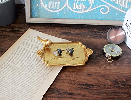 Funly mee Antique Trinket Dish Vintage Golden Metal Jewelry Tray with Bird, Ring Holder