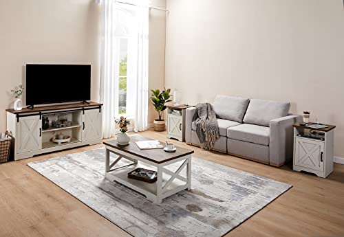 AMERLIFE 4-Piece Farmhouse Table Set Includes Sliding Barn Door TV Stand, Coffee Table& Two End Tables, Side Table with Charging Station and USB Ports, for Living Room, Bedroom, Distressed White, 59β