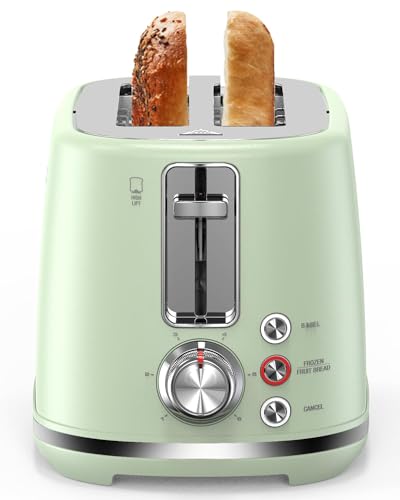 2 Slice Toaster with Extra Wide Slots & Removable Crumb Tray - 6 Browning Options, Auto Shut Off & Frozen Function, Toast Fruit Bread, Bagel & Waffle, Pastel Green
