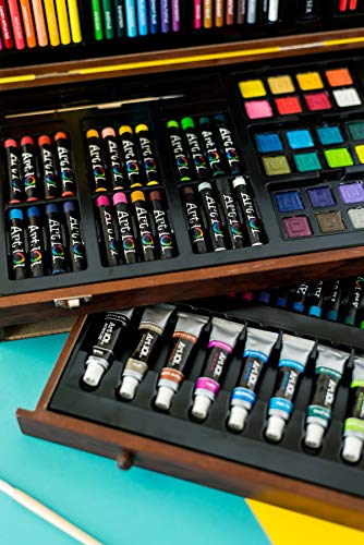 Art 101 USA Deluxe Art Set with 119 Pieces in a Wood Organizer Case, Includes Color Pencils, Paints, brushes and palettes, Learning guides, Portable Art Studio