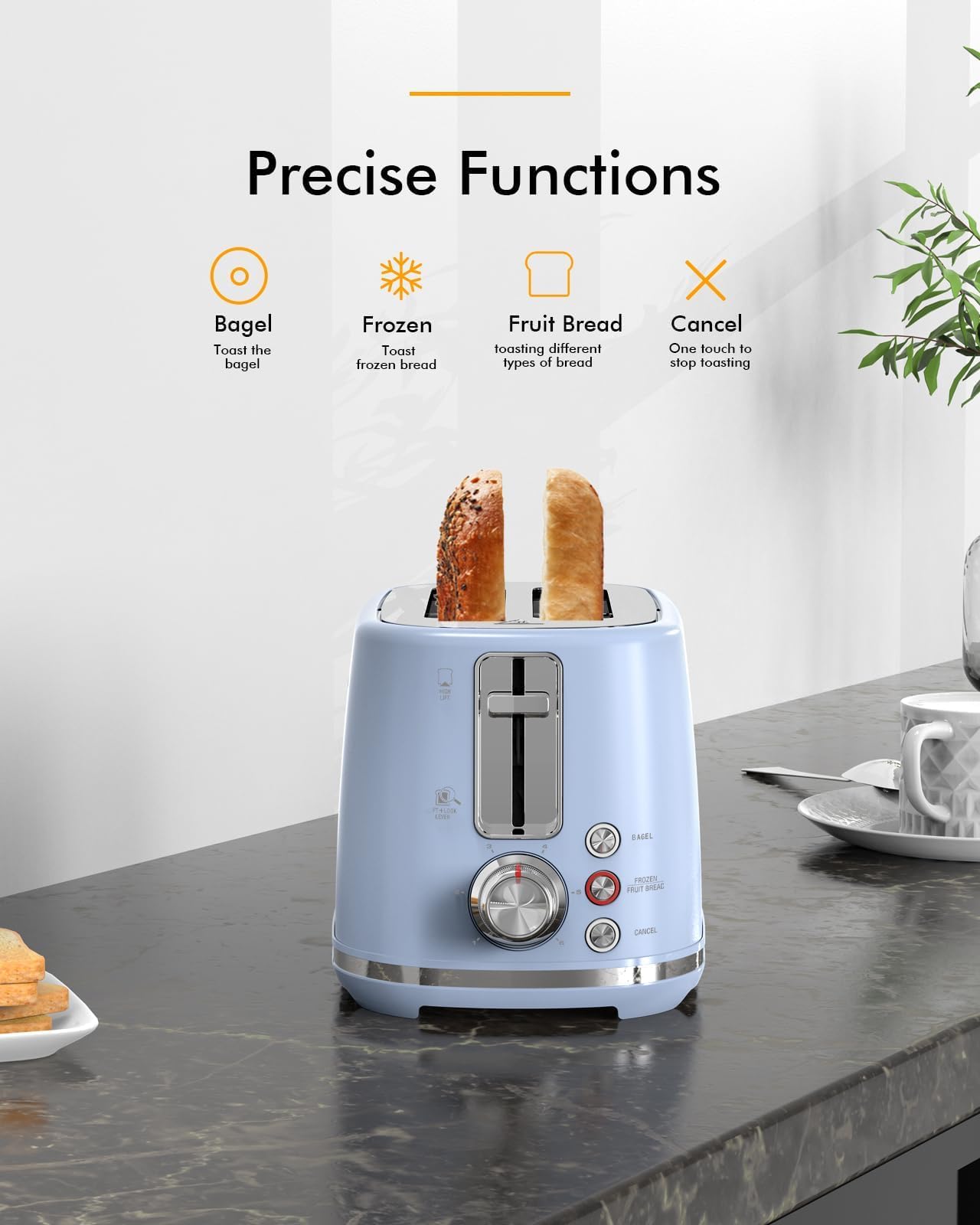 2 Slice Toaster, Wide Slots, Auto-Off, & Frozen Modes for Toast, Bagels, Waffles & Fruity Breads, Modern Sleek Design, Easy-Clean Crumb Tray, Pastel Blue