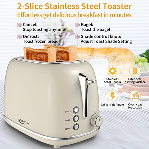 2 Slice Toaster, Keenstone Toaster with 6 Browning Settings, 1.5 In Extra Wide Slots, Stainless Steel Housing, Bagel/Defrost/Cancel Function, Removable Crumb Tray, 825W for Breakfast Bread -Beige