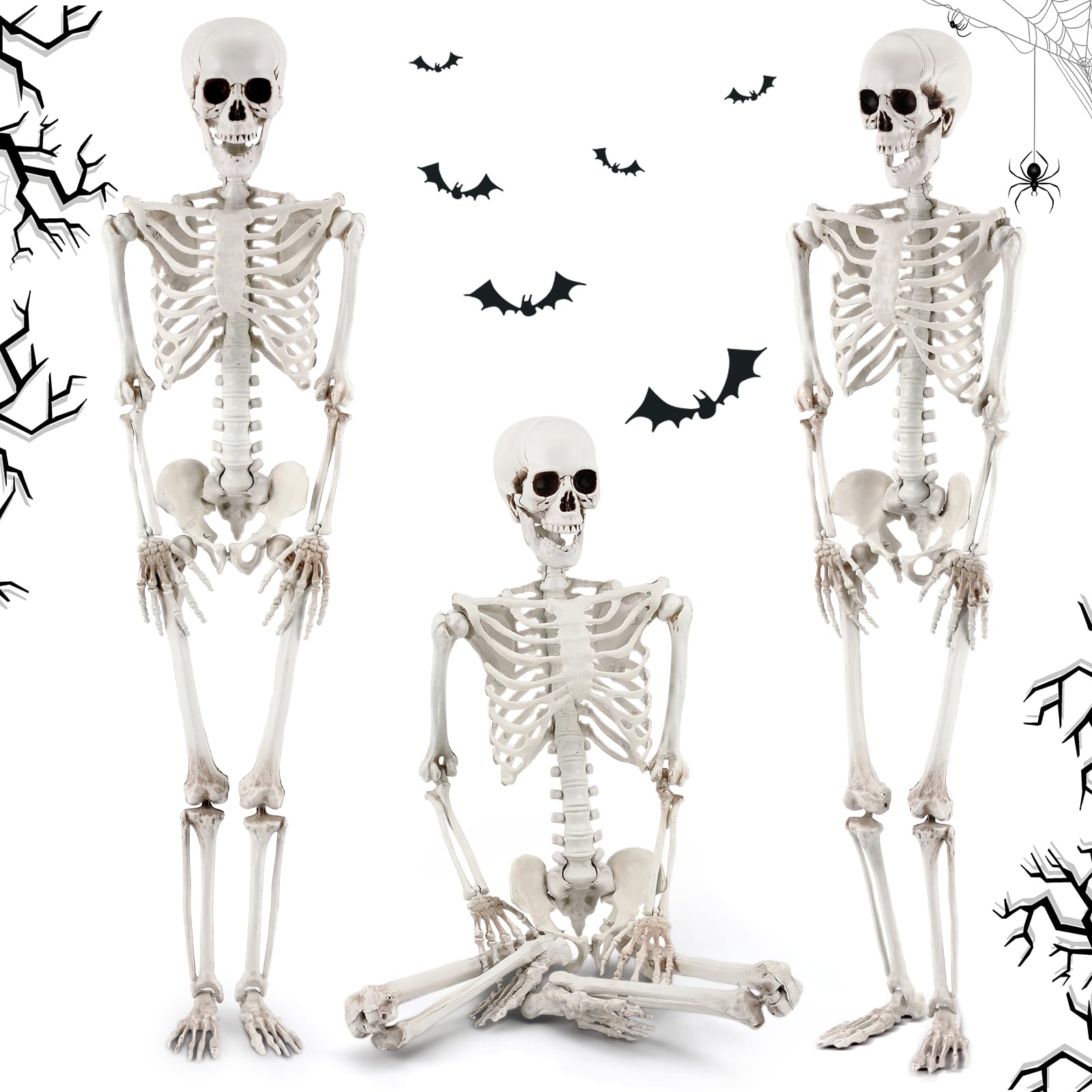3 Pcs Halloween Skeleton Decoration Poseable Skeleton Full Size Halloween Skeleton Plastic Skeleton with Movable Posable Joints for Hanging Halloween Outdoor Yard Garden Lawn Party Decor (5 ft)