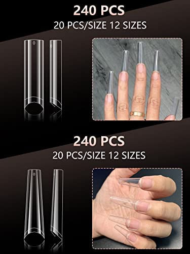 480Pcs Clear Nail Tips for Acrylic Nails Professional, XL Long C Curve Square & Coffin Nail Tips Set with 2 Nail Files, Half Cover Nail Extension Tips Artificial Acrylic Nail Tips for DIY Nail Art