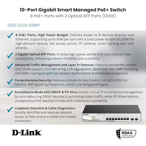 D-Link 10-Port Gigabit Smart Managed PoE+ Switch | 8 PoE+ Ports (130W) + 2 SFP Ports | L2+ | VLANs | Web Managed | Surveillance Mode | Desktop or Rackmount | Fanless | NDAA Compliant (DGS-1210-10MP)