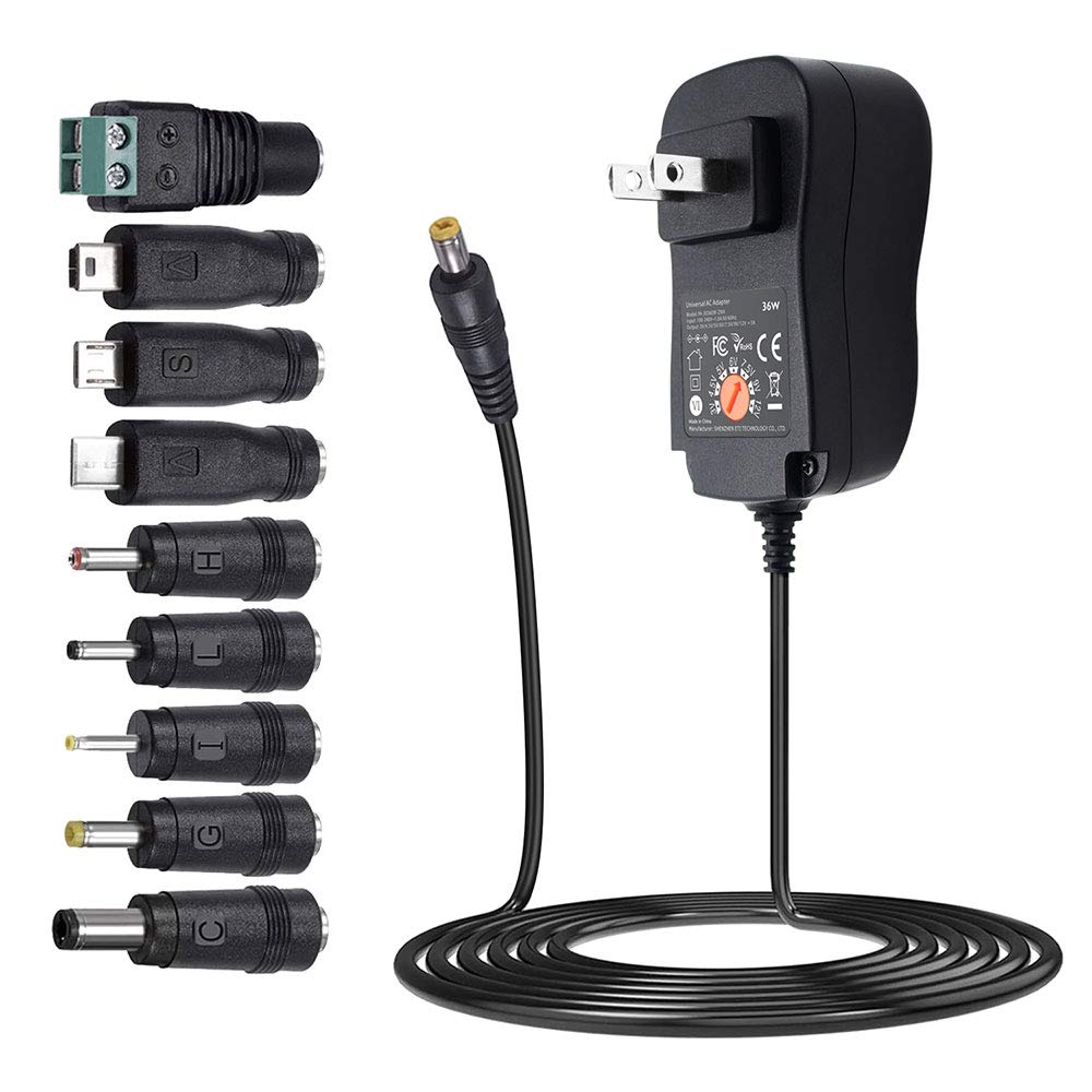POWSEED 3V 4.5V 5V 6V 7.5V 9V 12V 3A 2A 1A 36W Universal AC Adapter with 9 Tips incl USB C Multi Voltage DC Power Supply Charger for Routers LED Strip Lights Security Camera, 5 ft Cord