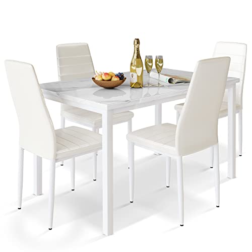 AWQM White Dining Table Set for 4,Faux Marble Kitchen Table and Chairs for 4 with Upholstered Leather Chairs,Dining Room Table Set for Kitchen,Small Spaces,Breakfast Nook,White+Beige