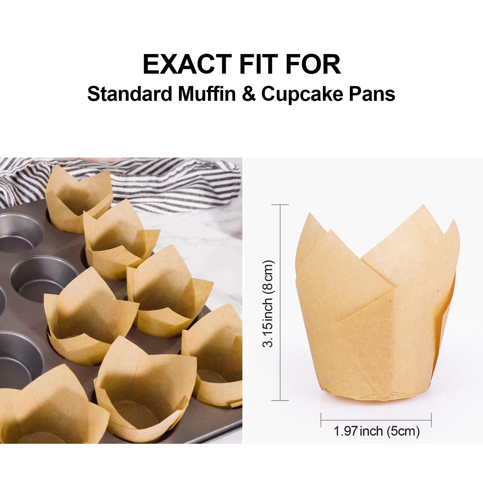 200PCS Tulip Cupcake Liners, Upgrade Parchment Paper Muffin Liners for Baking, Cupcake Wrapper for Party, Wedding, Birthday, Standard Size, Natural White Brown