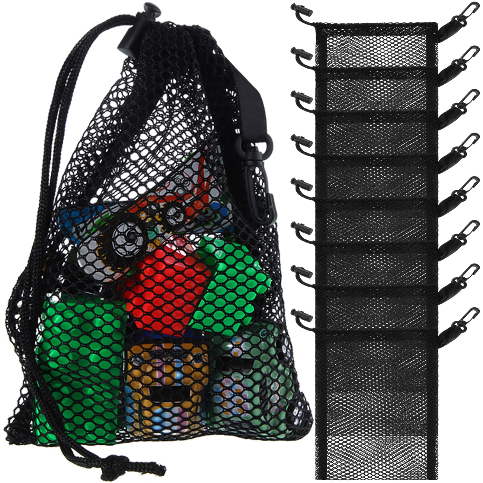8 Pieces Black Mesh Drawstring Bags with Clips Small Nylon Storage Mesh Bags Shell Bag Dishwasher Net Bag for Jewelry Beach Collecting Toys Gifts Travel Kitchen Favor (33 x 40 cm/ 13 x 15.75 Inch)