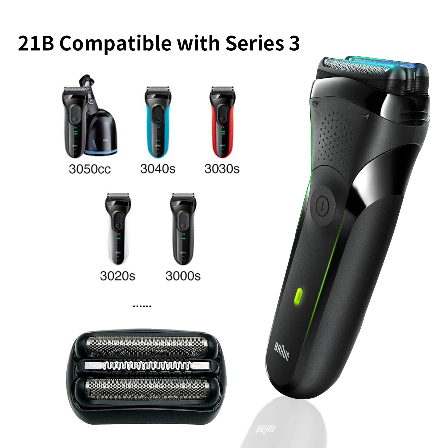 21B for Braun Series 3 Replacement Head — Compatible with 3 Series Models 3000s, 3010s, 3040s, 3050cc etc(2 Packs)