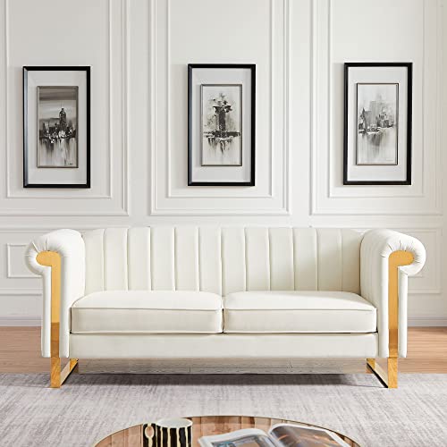 83" Modern Chesterfield Sofa, Melpomene Velvet Sofa Couch with Flared Arms and Removable Cushions for Living Room Bedroom(Beige)
