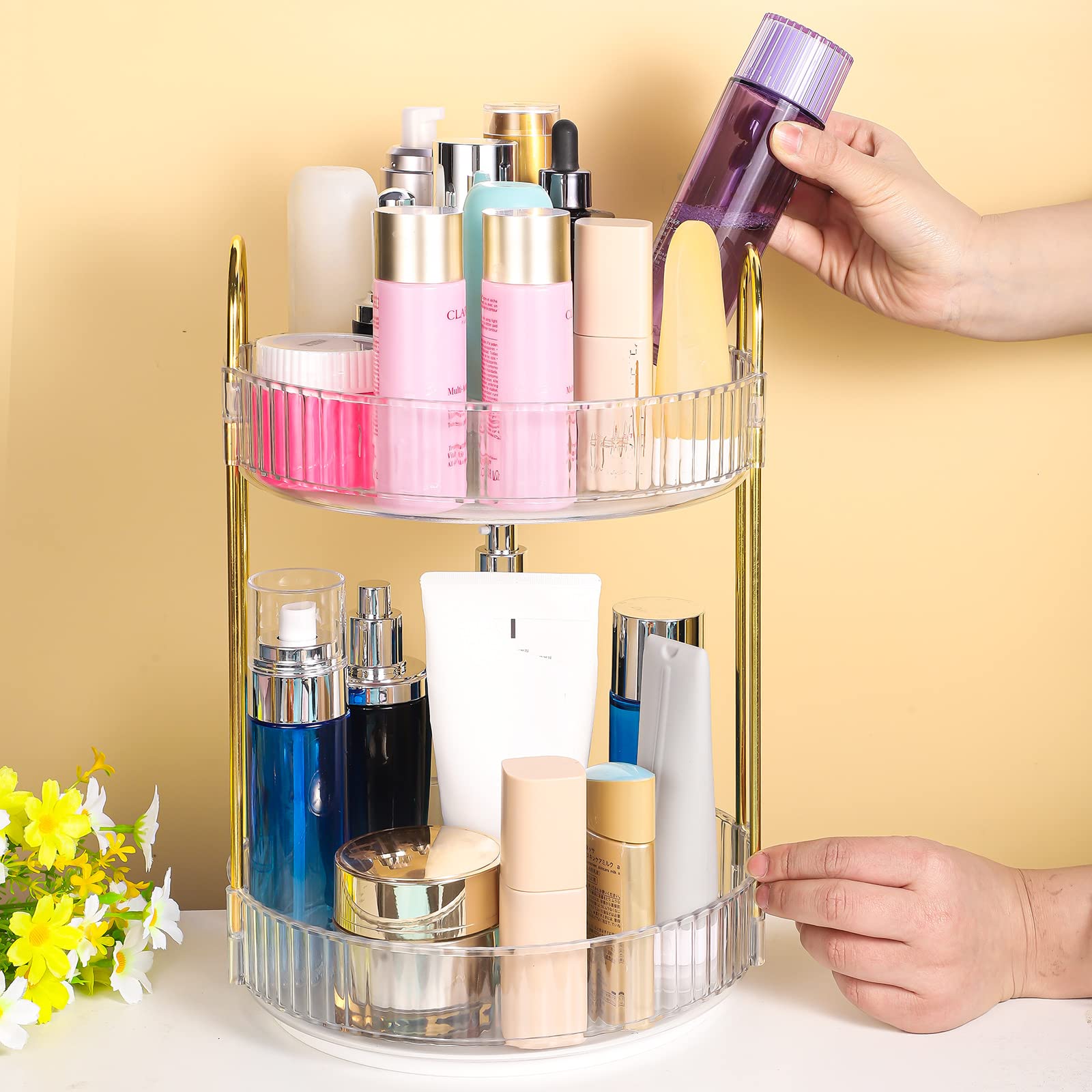 2 Tier 360 Rotating Makeup Organizer, Spinning Perfume Organizer Tiered Lazy Susan Turntable for Skincare Cosmetic Perfume Kitchen Storage for Women