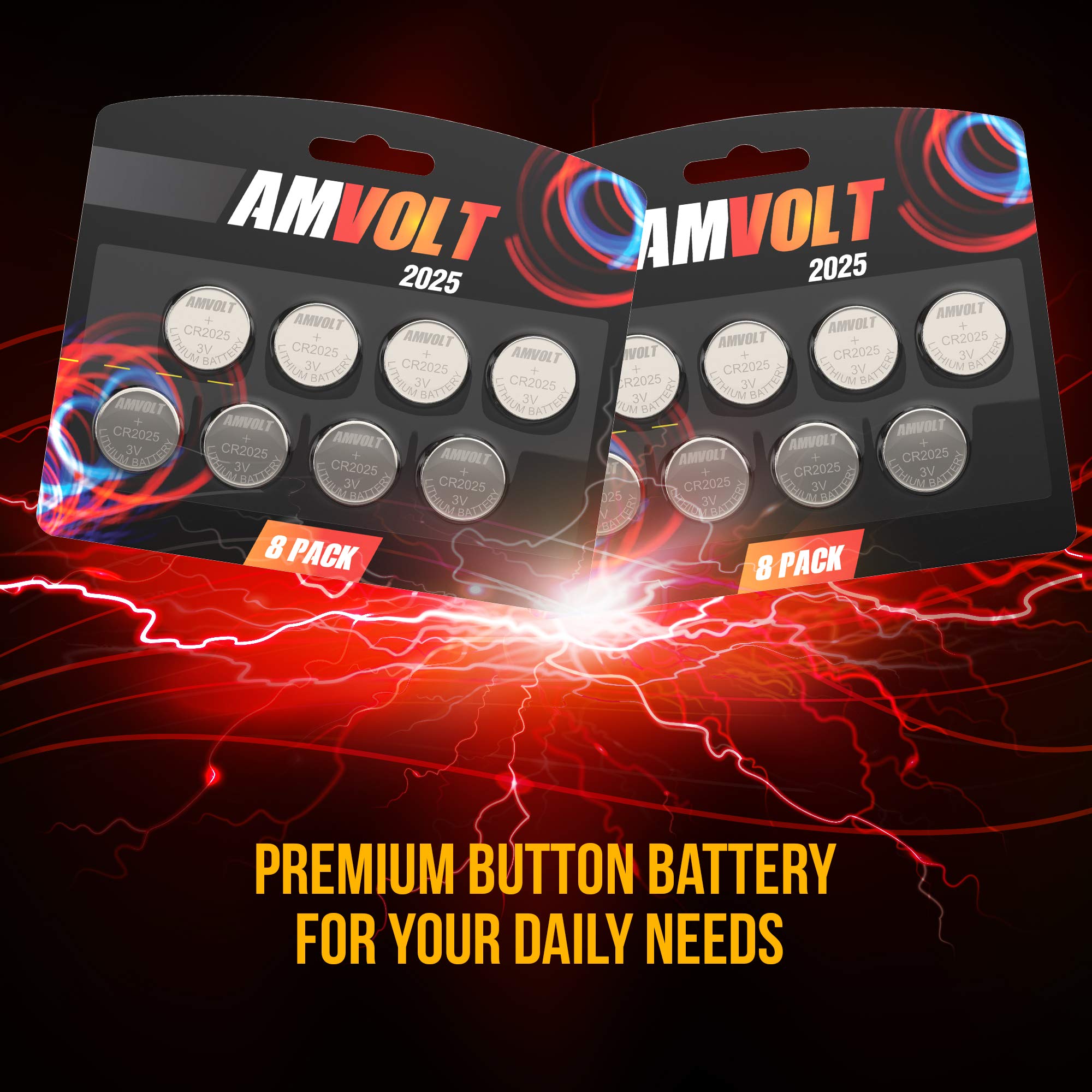 AmVolt- Pack of 8 CR2025 Batteries, 220mAh 3 Volt Lithium Battery, Long Lasting Coin Cell 2030 Batteries for Small Electronic Devices