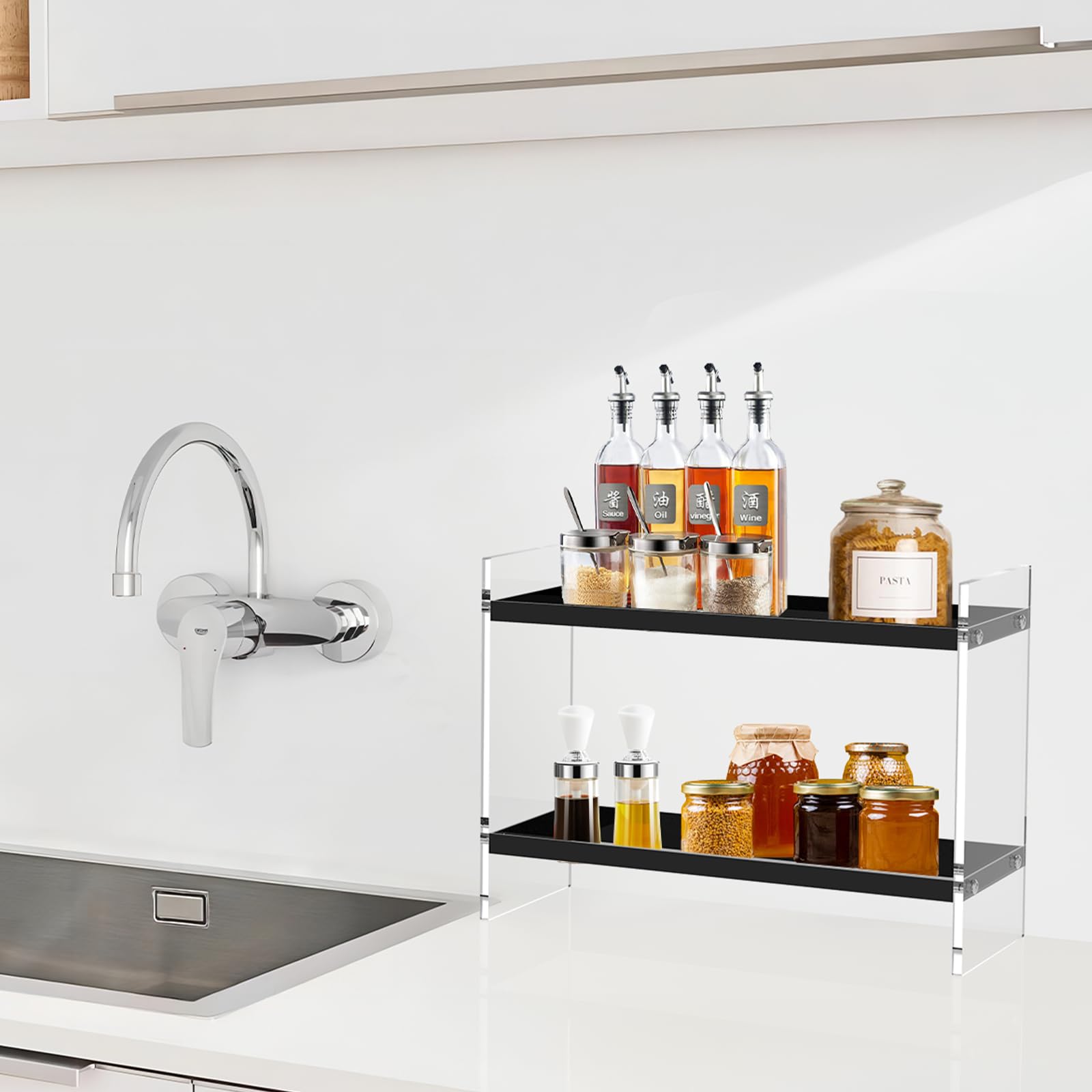 2 Tier Bathroom Countertop Organizer, Acrylic Tray Vanity Counter Skincare Organizer Shelf, Kitchen Standing Rack, Home Storage Holder for Lotion Makeup Cosmetics Perfume Spice