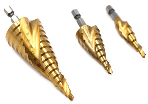 3pc HSS Titanium Coated Spiral Flute Step Drill Bit for Wood Soft Metal Woodworking Tool Bit,4-12/20/32mm