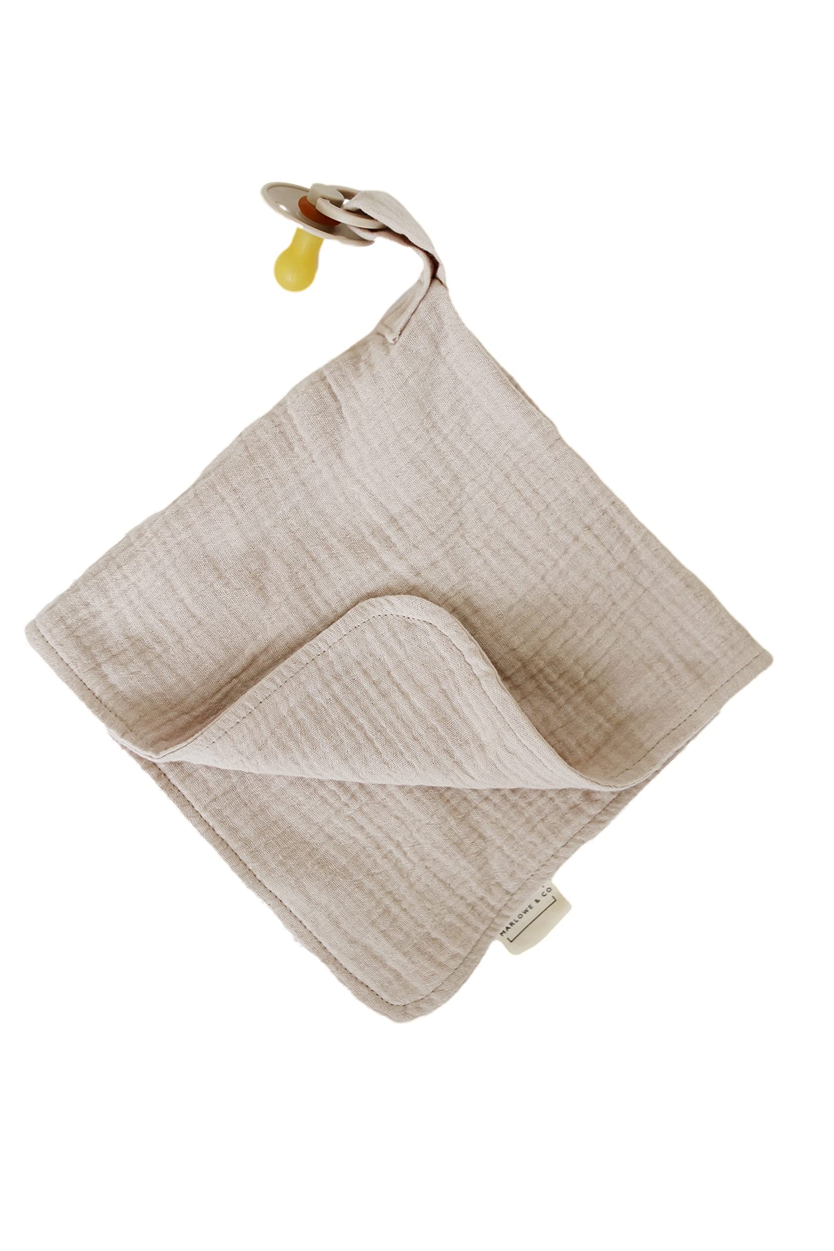 Marlowe & Co Organic Cotton Muslin Baby Blanket with Snap Closure, 15 in x 15 in Lovey with Holder (Natural Sand)
