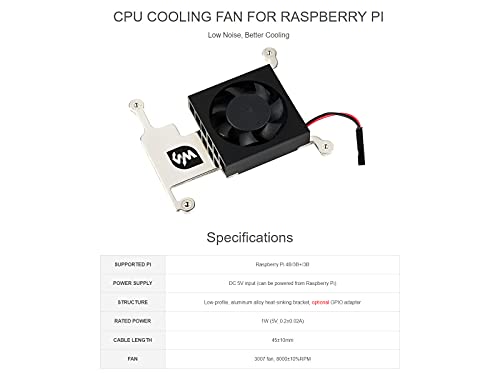 Waveshare Low-Profile CPU Cooling Fan for Raspberry Pi 4B/3B+/3B with Aluminum Alloy Bracket Include GPIO Adapter