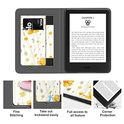 Ayotu Stand Case for 6" All-New Kindle 11th Generation 2022 Release, Premium PU Leather Cover with Hand Strap, Auto Sleep/Wake and Back Cover Adsorption, Only for Basic Kindle 2022, Yellow Flowers