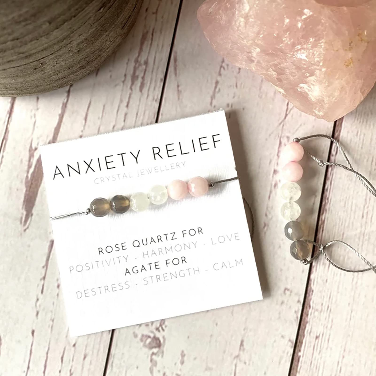 2023 Newtest Anxiety Stone Beaded Adjustable Bracelet with Card, Amethyst Flash Stone Combination Bracelet for Women Men (Pink, One Size)